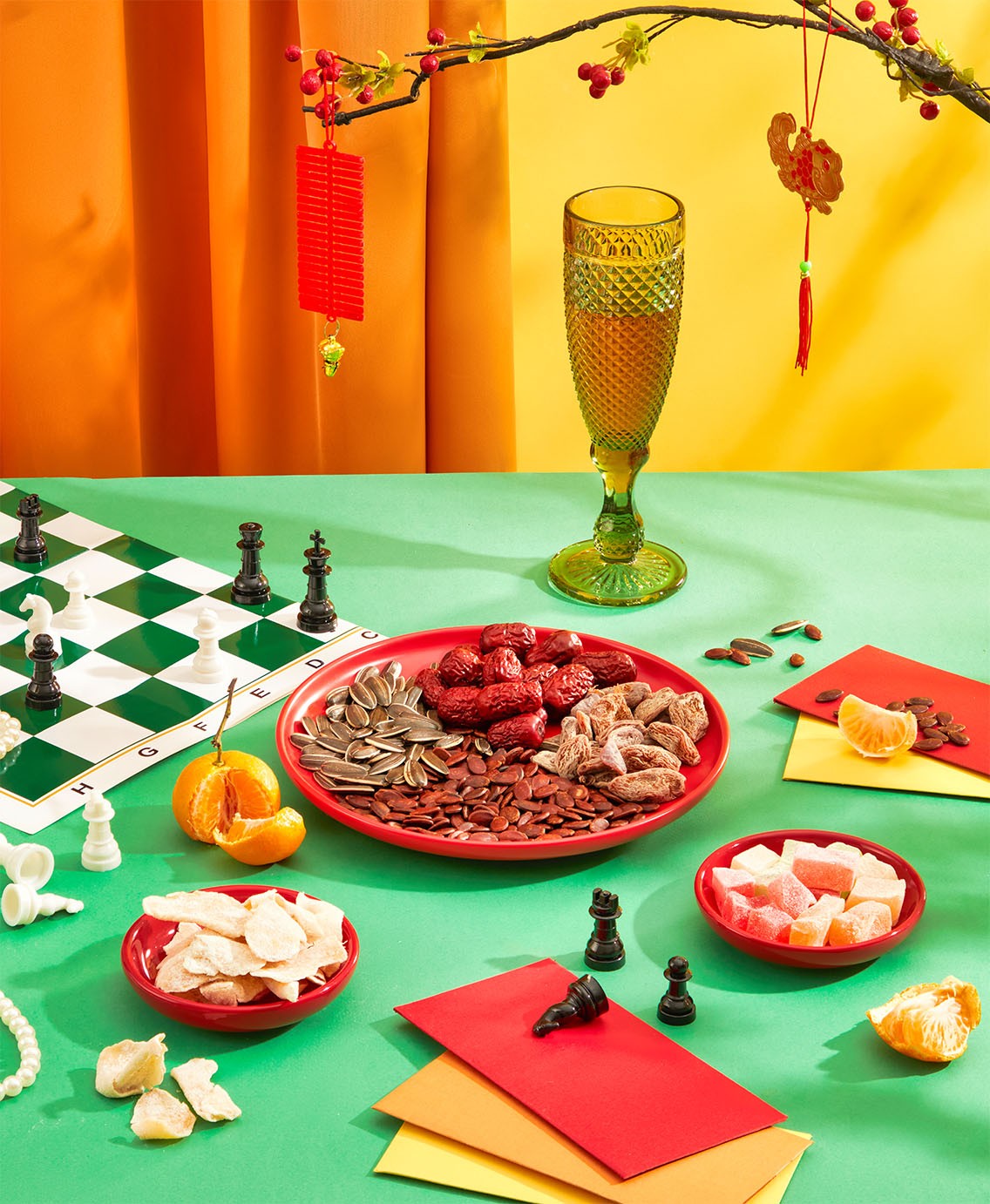 Festive chess set up, wine glass, candies, chess pieces | Jigsaw King